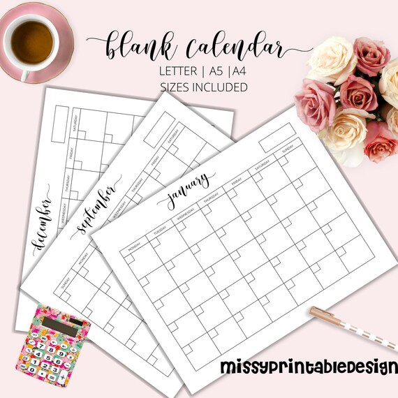 Horizontal Monthly Blank Calendar, Printable Simple Calendar, 11 x 8.5 ...
