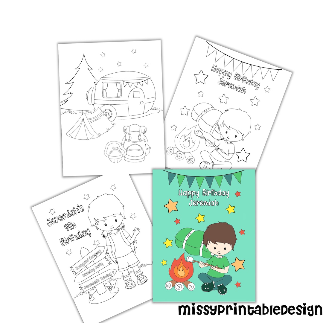 Personalized Camping Party Coloring Pages, Custom Camping Birthday ...