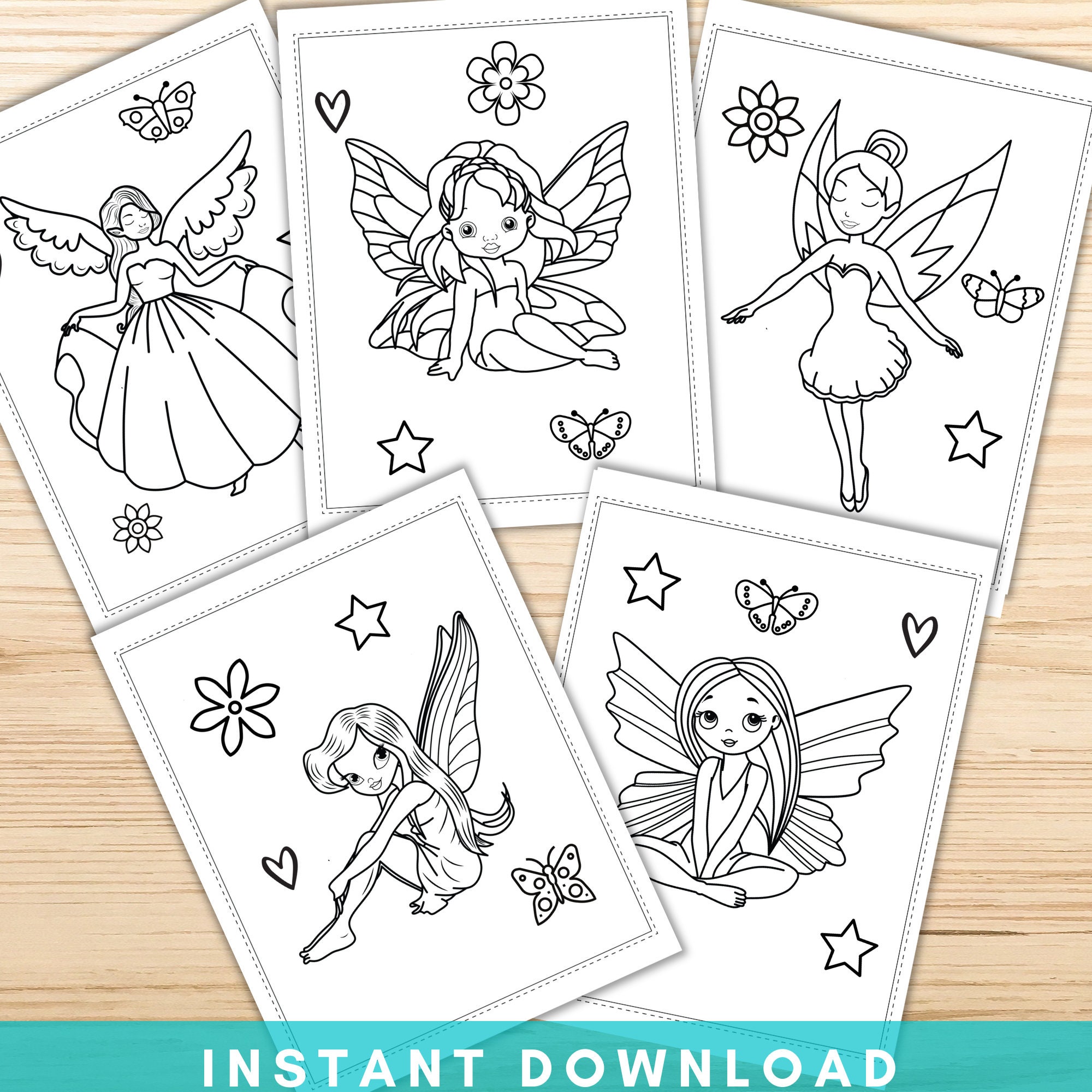 Cute Fairy Coloring Pages Printable Fairy Coloring Pages for | Etsy