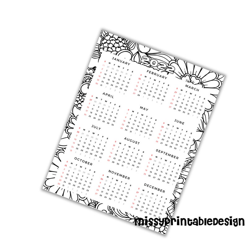 2022 Printable Floral Coloring Calendar Printable 2022 - Etsy