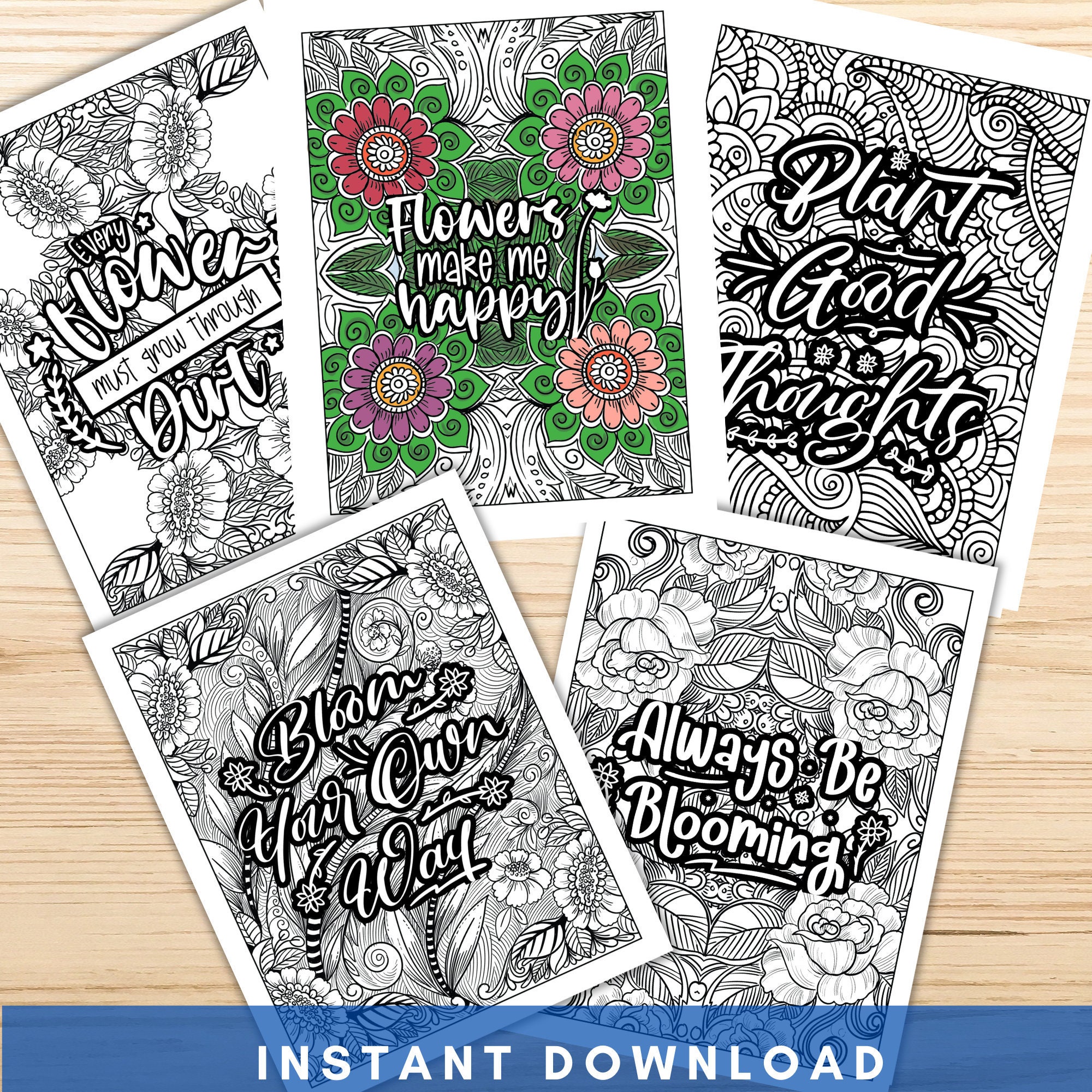 Flower Quotes Coloring Pages Adult Coloring Pages Floral | Etsy