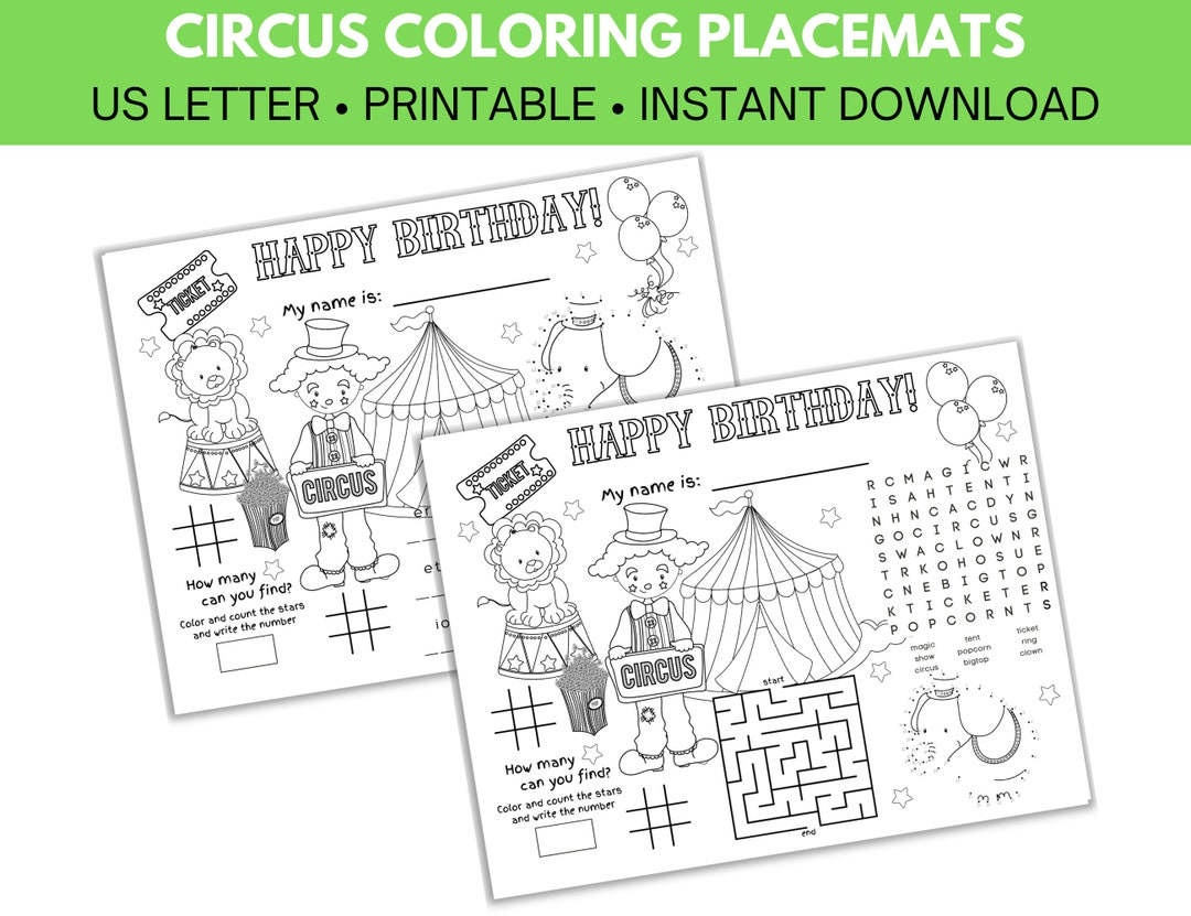 Circus Coloring Placemats, Printable Circus Party Placemats, Coloring ...