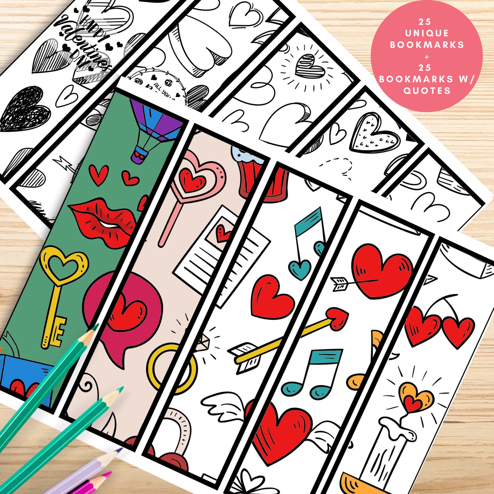 50 Printable Valentine's coloring bookmarks | Etsy