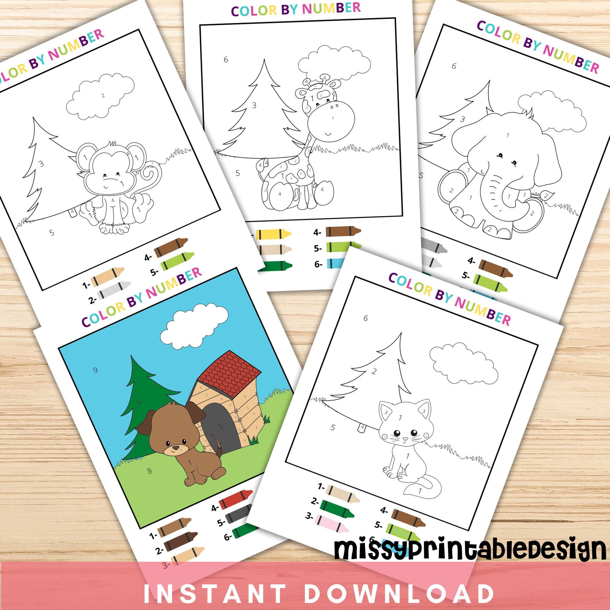 Color by Number Printable Animal Coloring Sheets Printable - Etsy