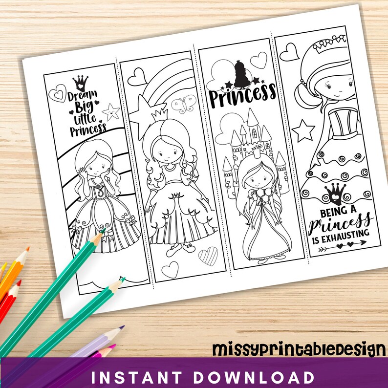 Princess Coloring Bookmarks set of 4 Printable Princess - Etsy