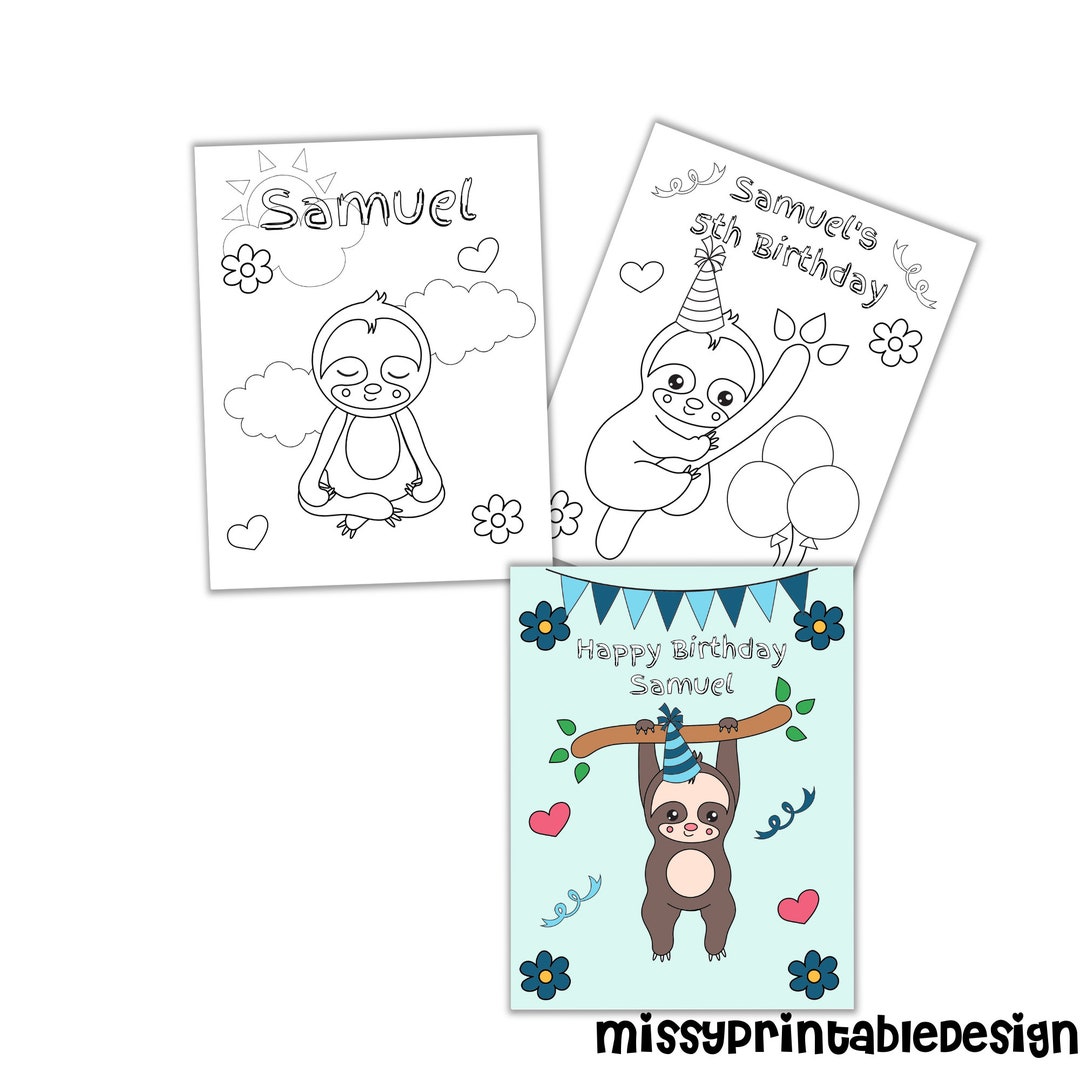 Personalized Sloth Coloring Pages, Custom Sloth Party Coloring Pages ...