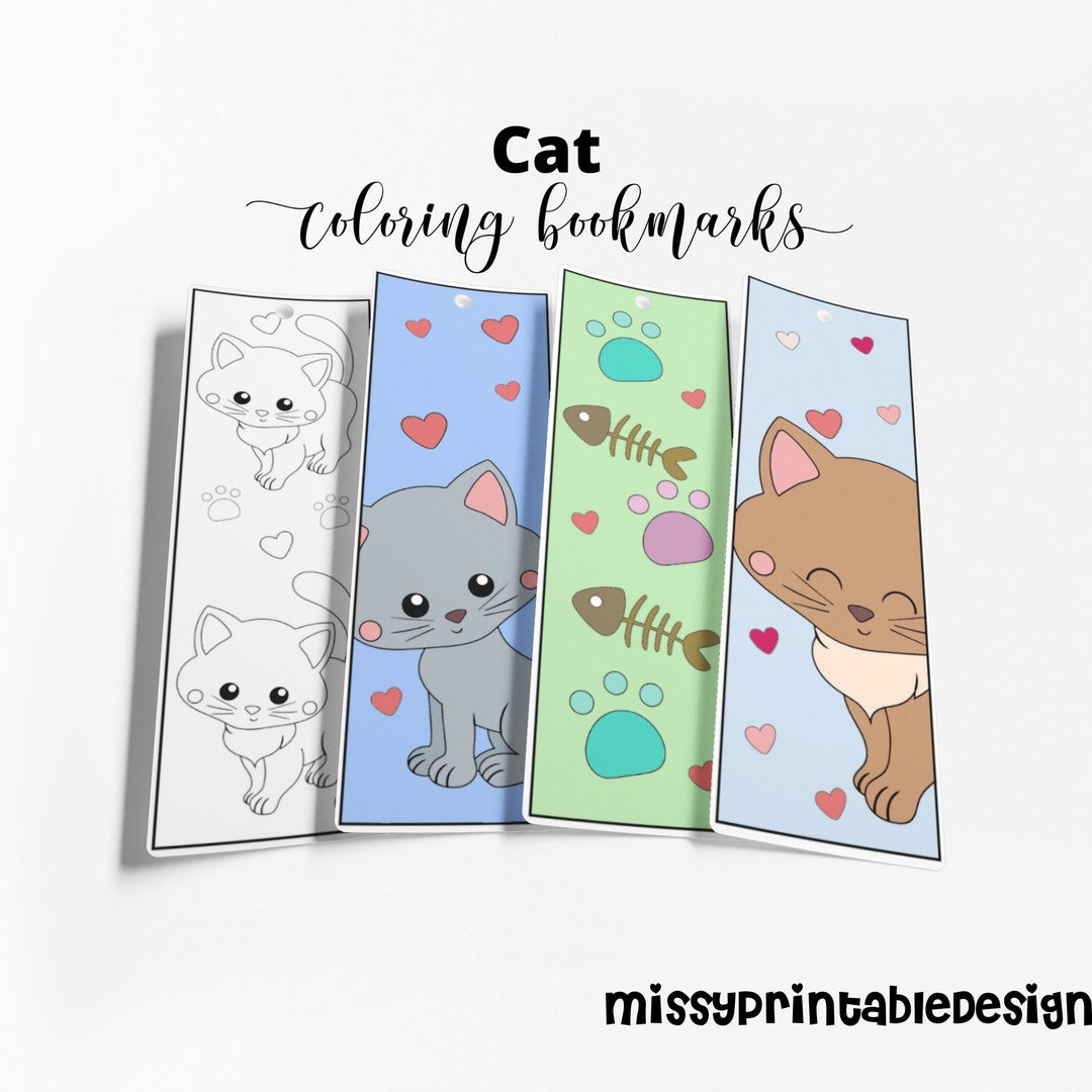 Cat Coloring Bookmarks (set of 4), Printable Cat Coloring, Party ...