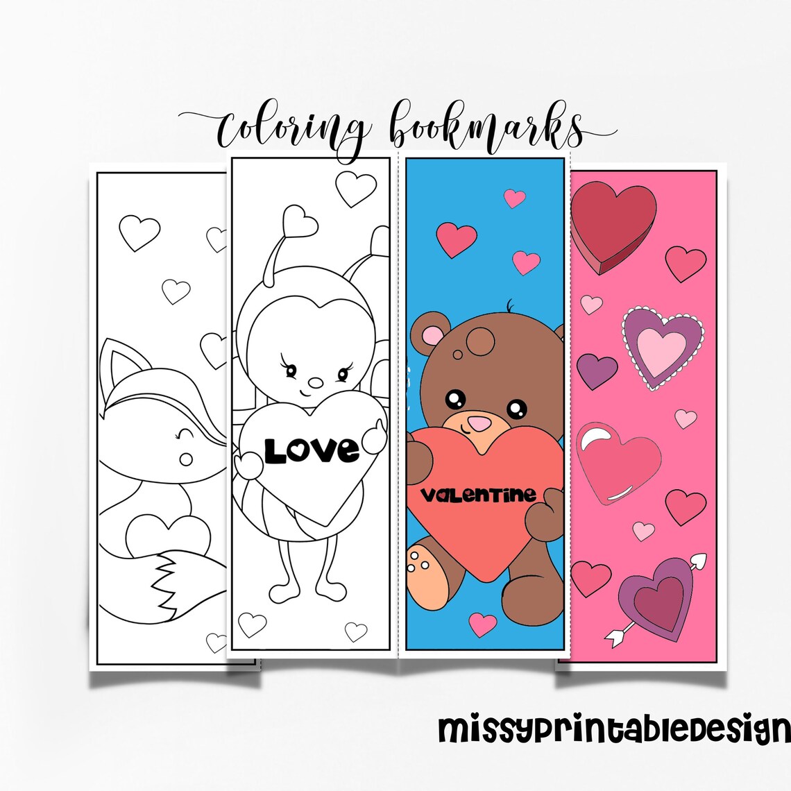 Valentine's Coloring Bookmarks set of 4 Printable - Etsy