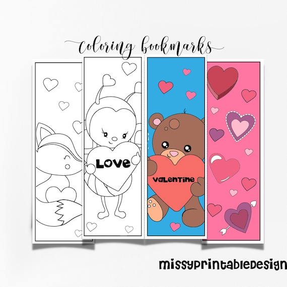 Valentine's coloring bookmarks (Set of 4), Printable Valentine's Day ...