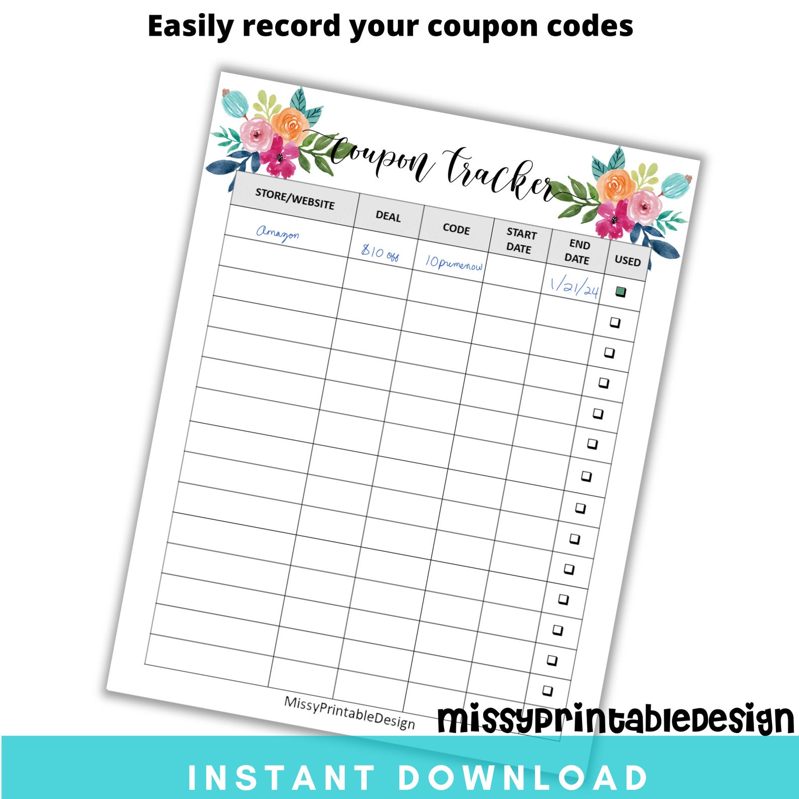 Coupon Code Tracker Printable Coupon Organizer Discount | Etsy