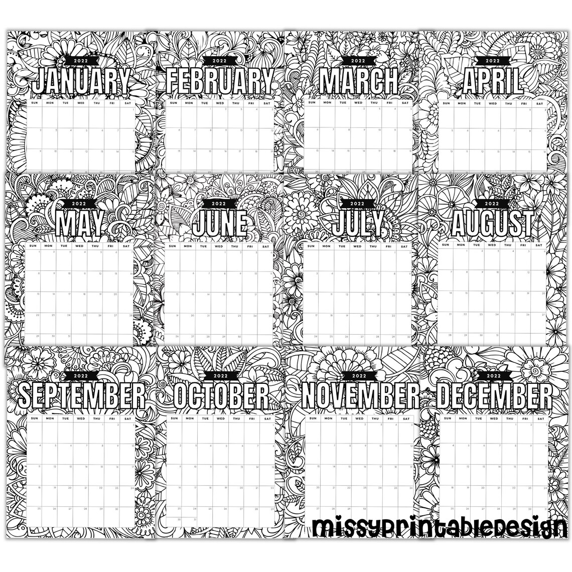 2022 Printable Floral Coloring Calendar Printable 2022 - Etsy