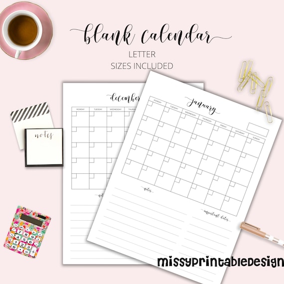 Vertical Monthly Blank Calendar, Printable Simple Calendar, 8.5x11 ...