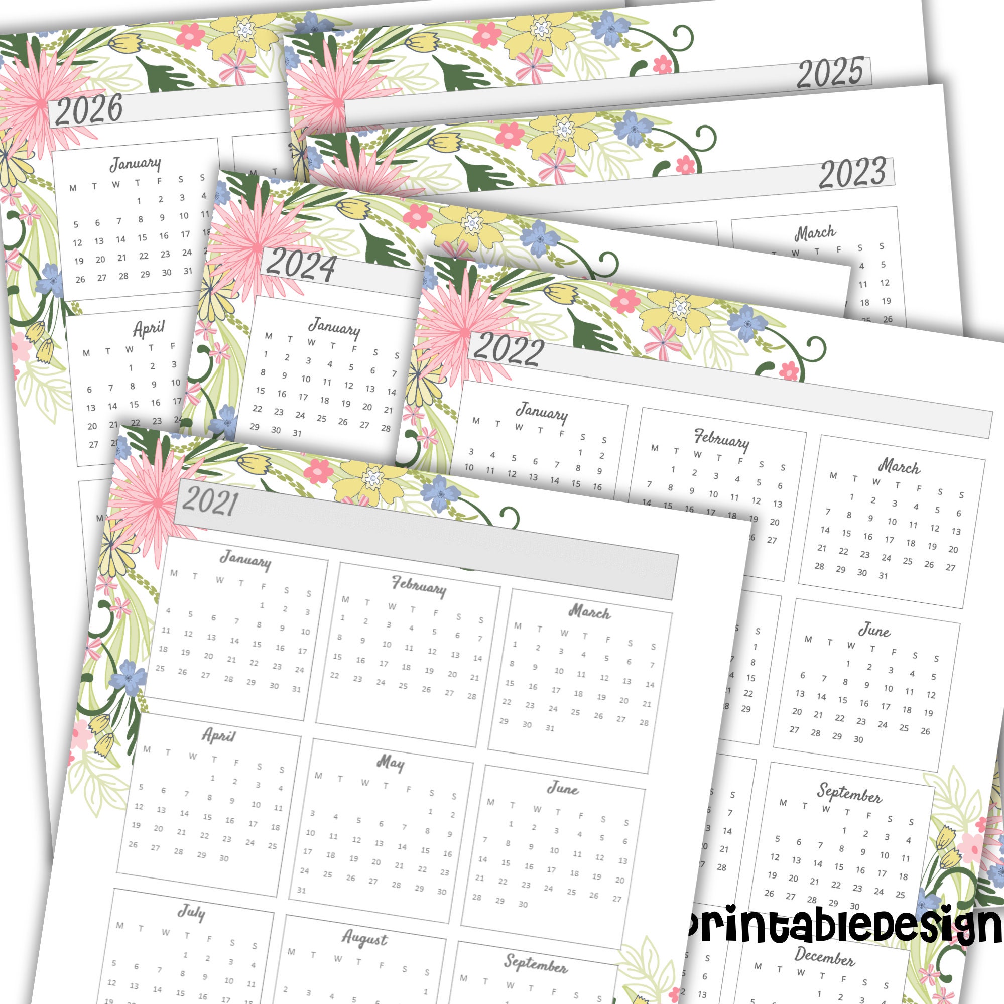 2021 2025 Yearly Calendar 2022 Yearly Calendar Year at a - Etsy