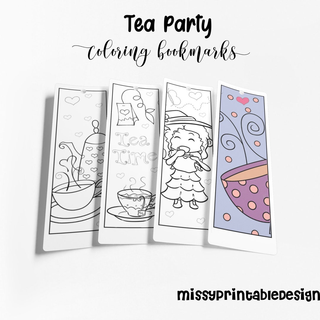 Tea Party Coloring Bookmarks (set of 4), Printable Tea Party Coloring ...