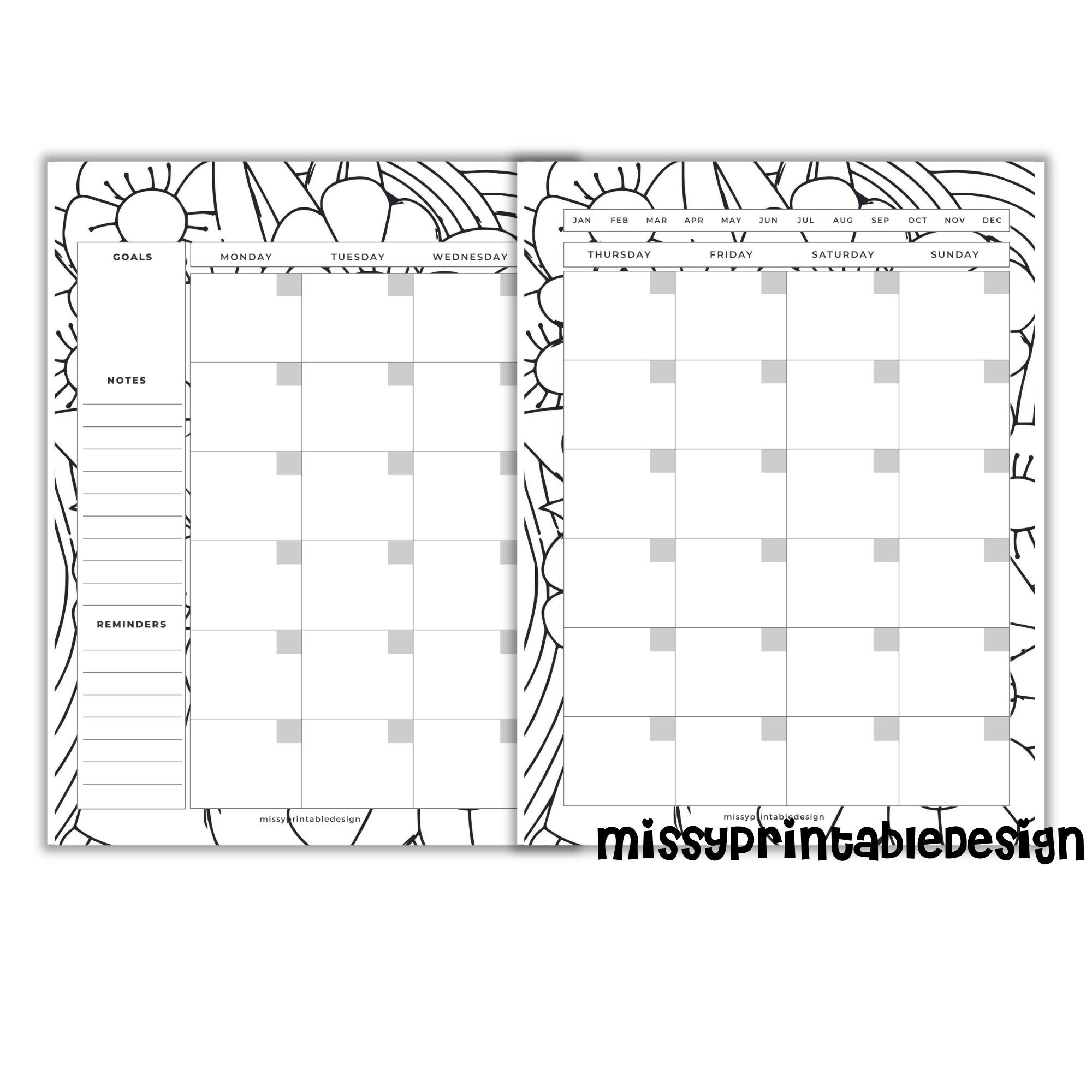 Coloring Monthly Planner Calendar, Printable Planner Pages (PDF ...