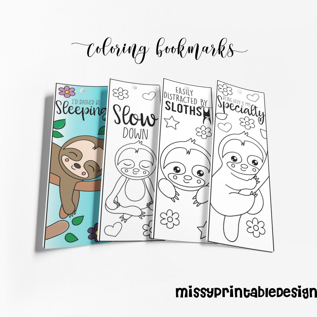 Sloth Coloring Bookmarks (set of 4), Printable Sloth Coloring, Party ...