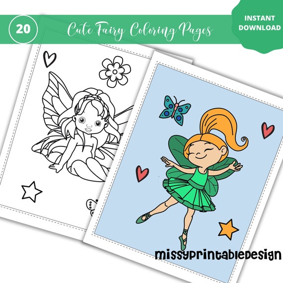 Cute Fairy Coloring Pages Printable Fairy Coloring Pages for | Etsy