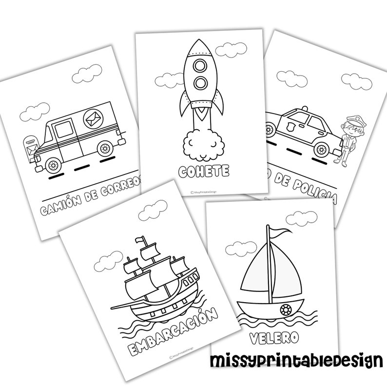 Spanish Transportation Coloring Pages for Kids Vehicle - Etsy