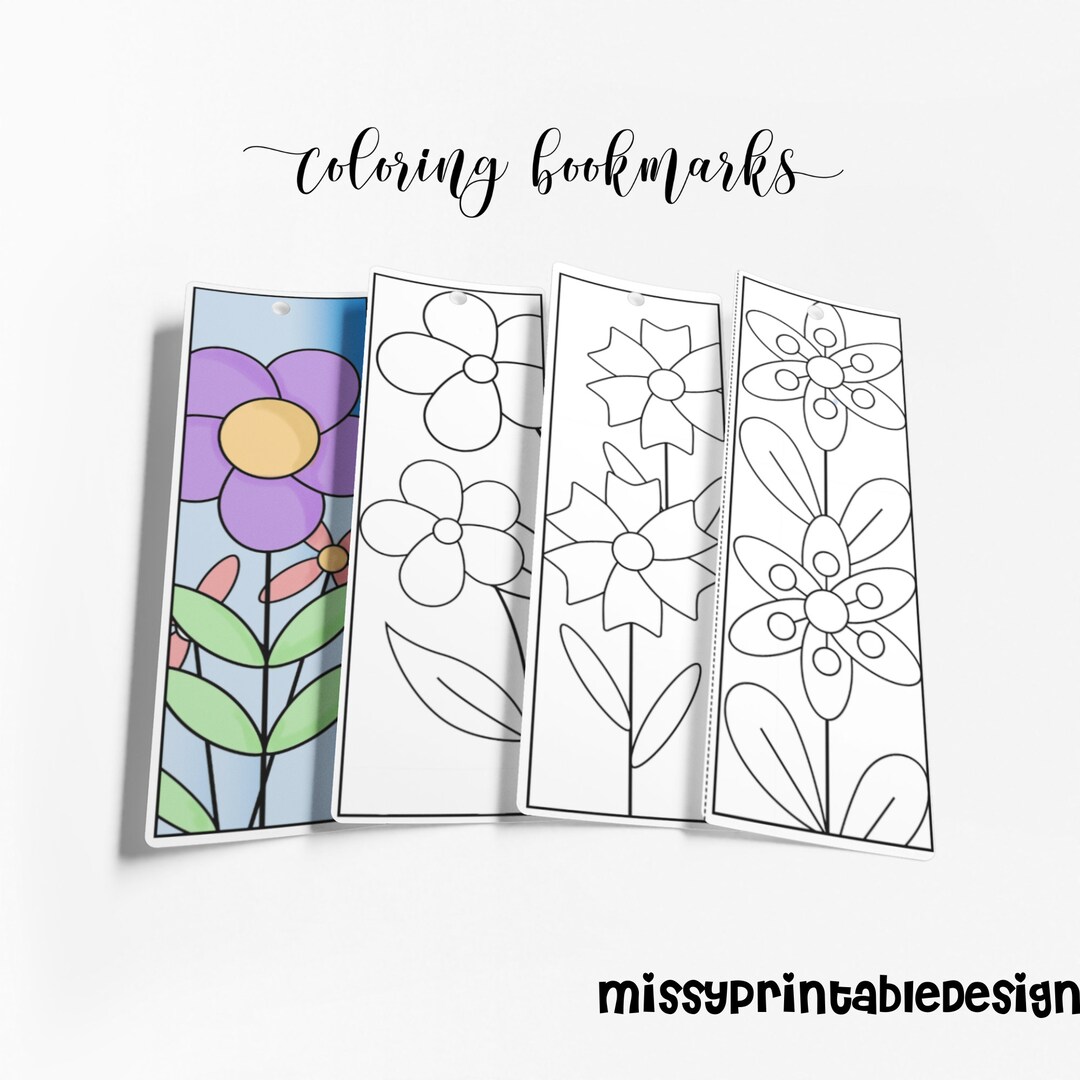 Flower Coloring Bookmarks (set of 4), Printable Flower Coloring, School ...