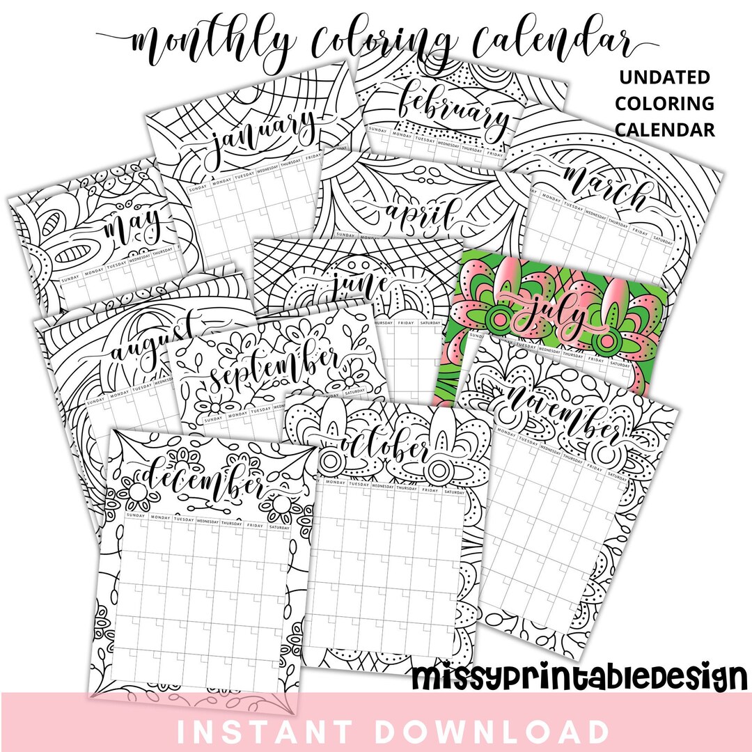 Undated Printable Pattern Coloring Calendar, Printable Monthly Calendar ...