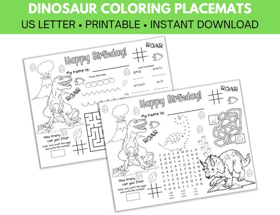 Dinosaur Coloring Placemats, Printable Dinosaur Activity Placemats ...