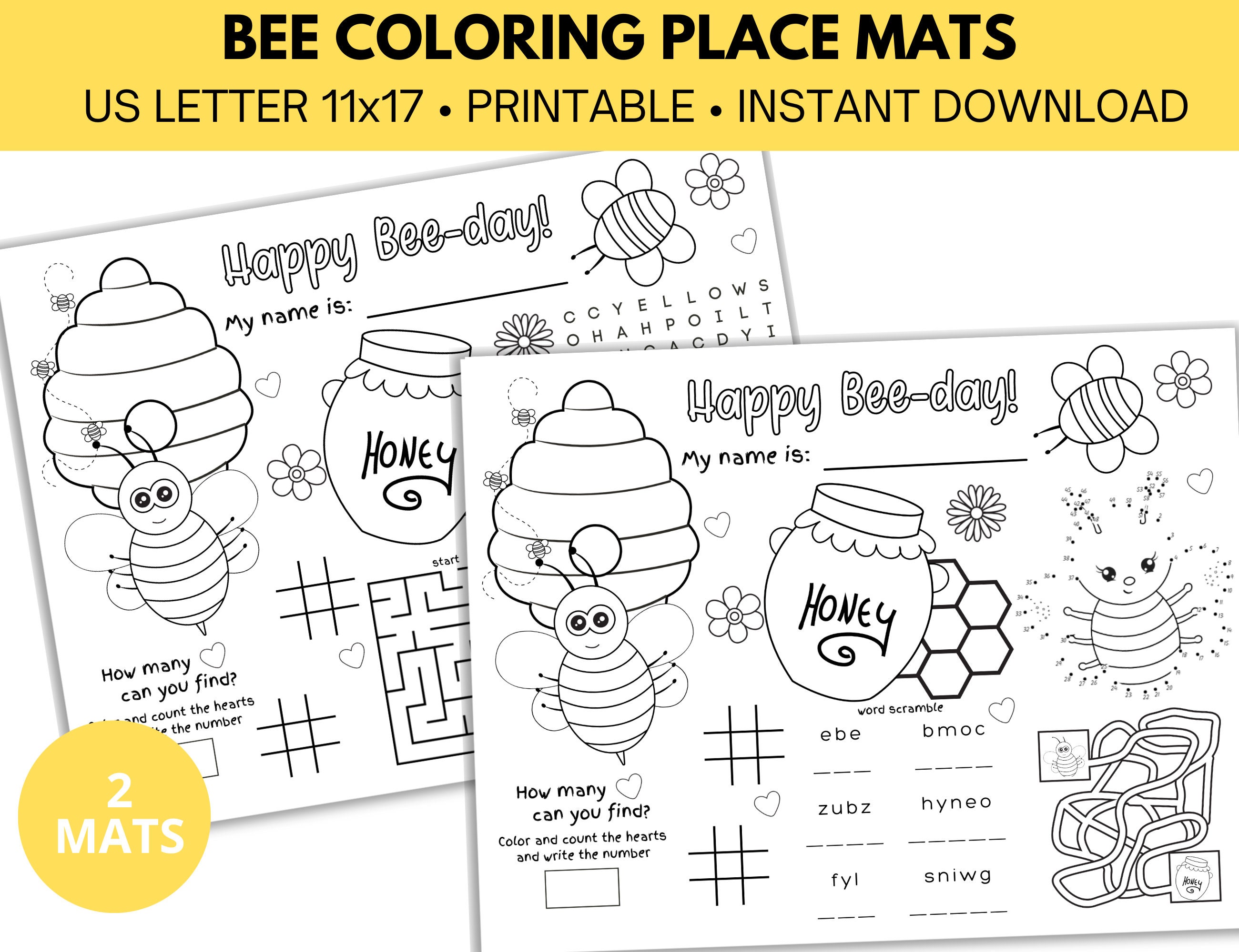 Bee Coloring Placemats: Personalized Kids Birthday Activity (PDF) - Etsy