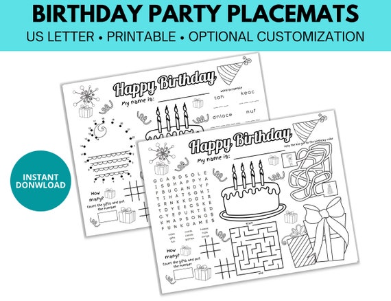 Happy Birthday Placemat, Printable Birthday Party Placemats, Coloring ...