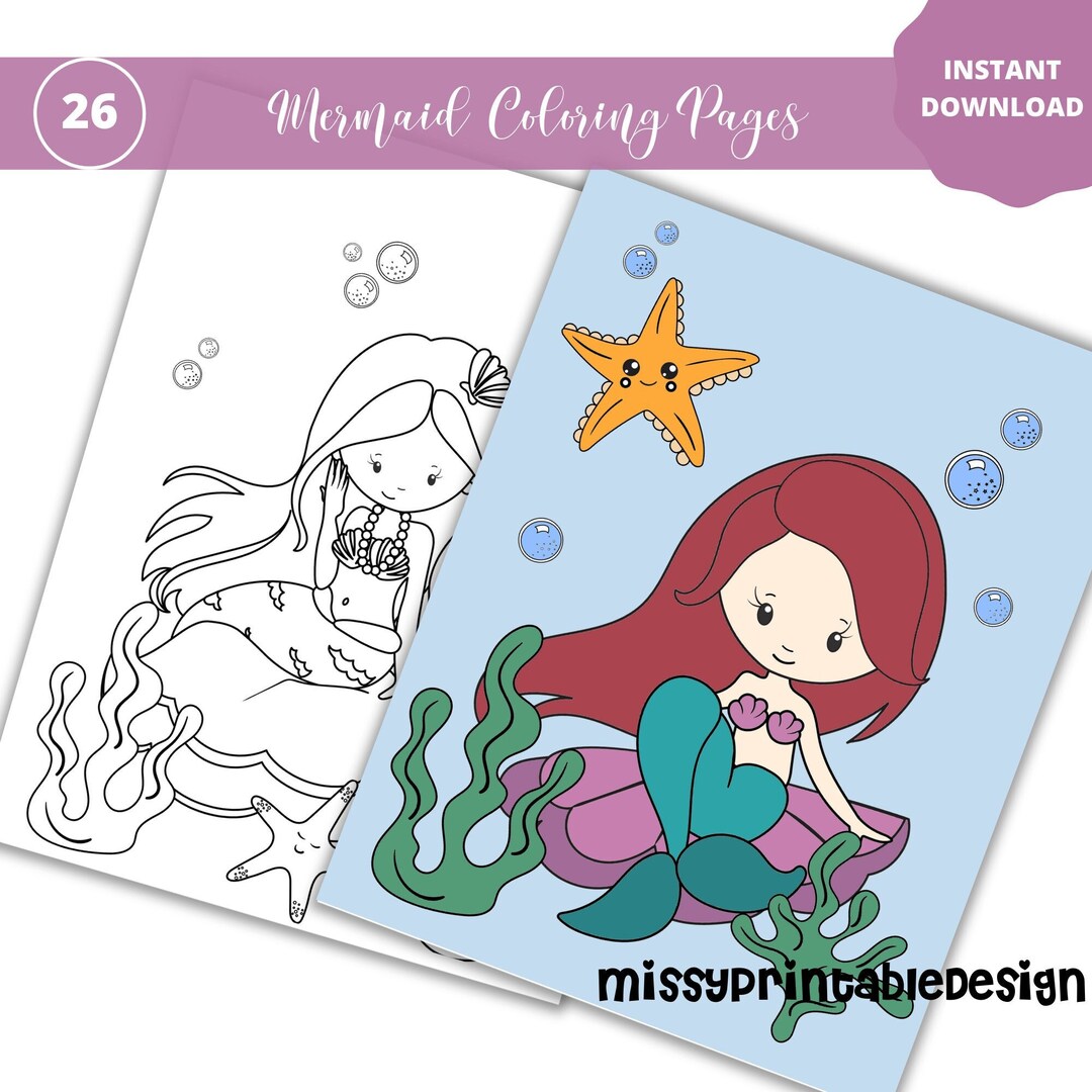 Mermaid Coloring Pages, Printable Mermaid Coloring Book, Mermaid Sheets ...