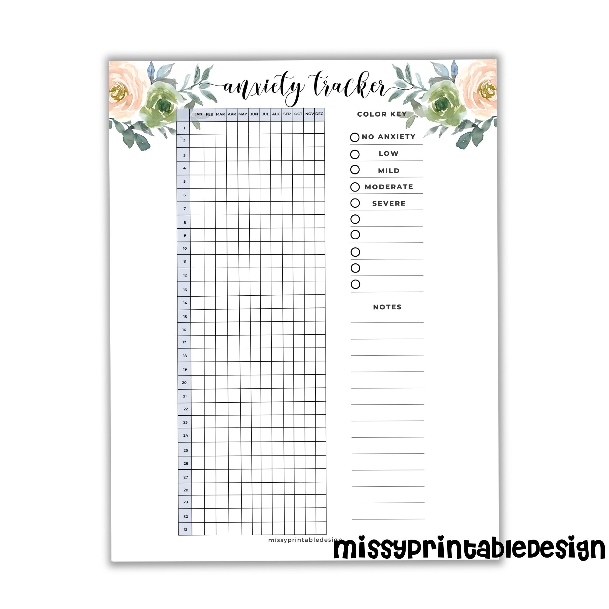Anxiety Tracker Printable Monthly Anxiety Chart Anxiety | Etsy