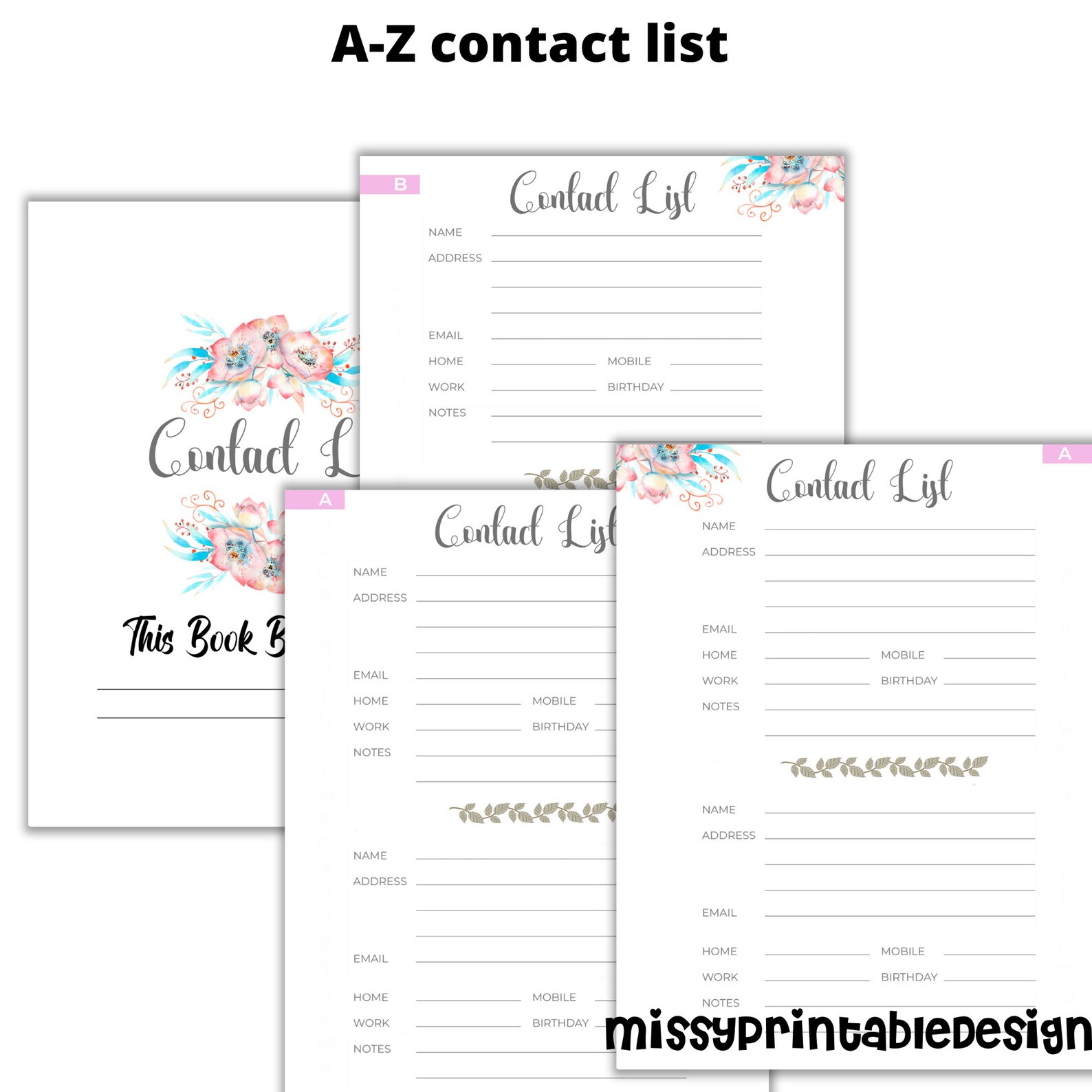 Contact List, Printable Address Book Pages, Printable Planner Pages ...