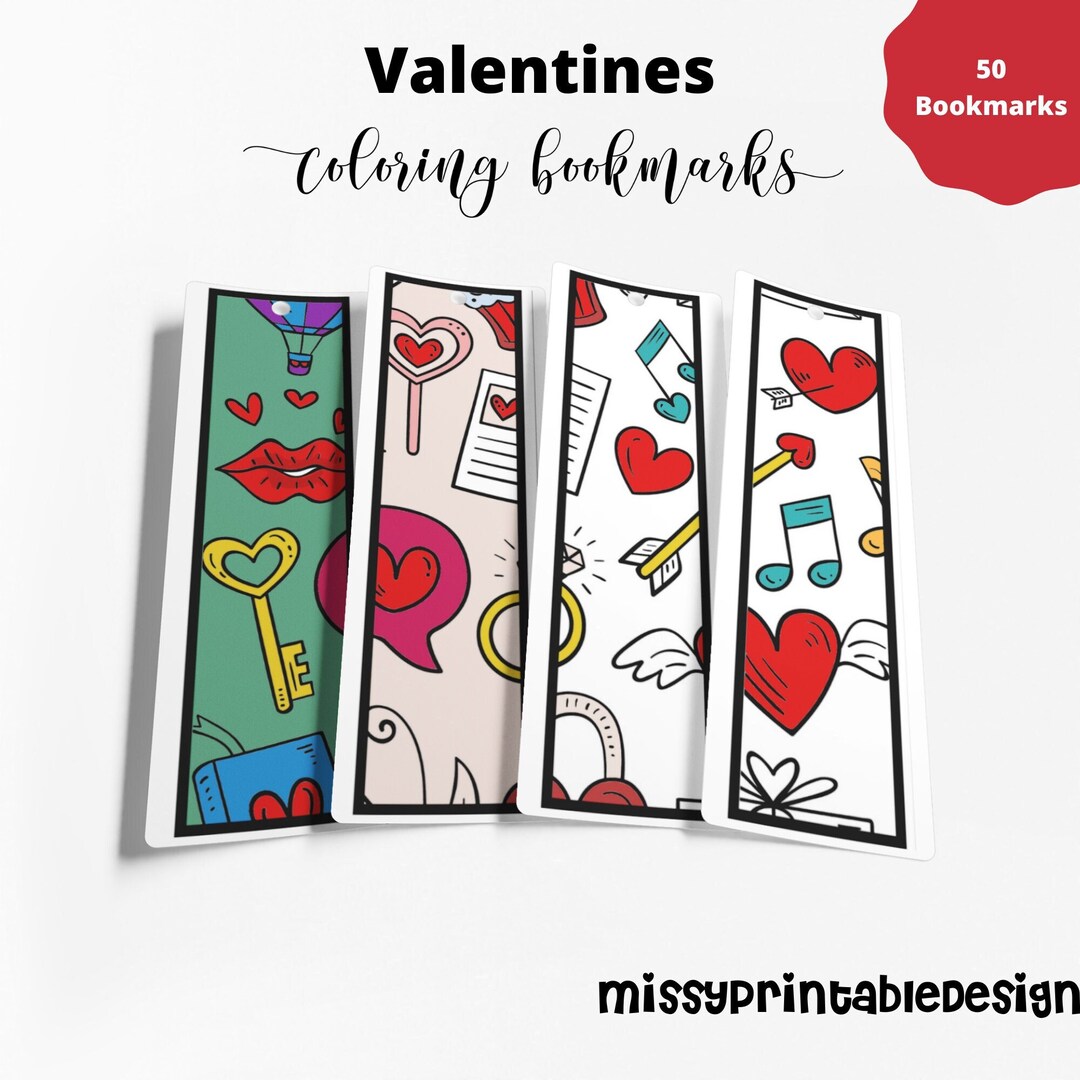 50 Printable Valentine's Coloring Bookmarks, Valentine's Day Coloring ...