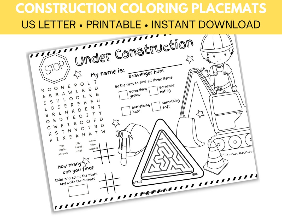 Construction Birthday Placemats: Printable Coloring Pages (PDF) - Etsy