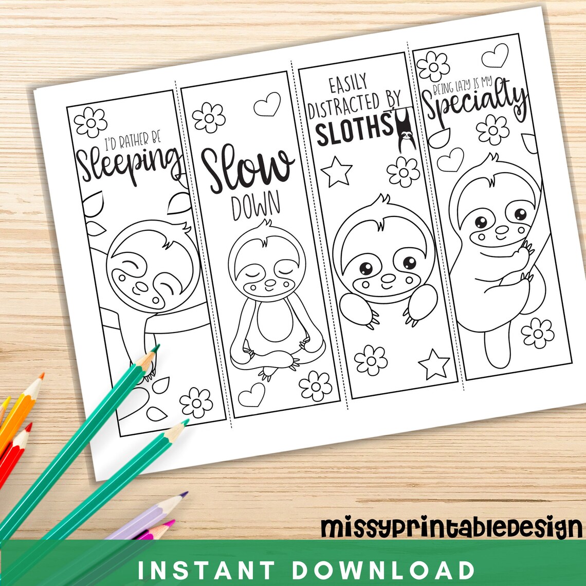 Sloth Coloring Bookmarks set of 4 Printable Sloth Coloring - Etsy