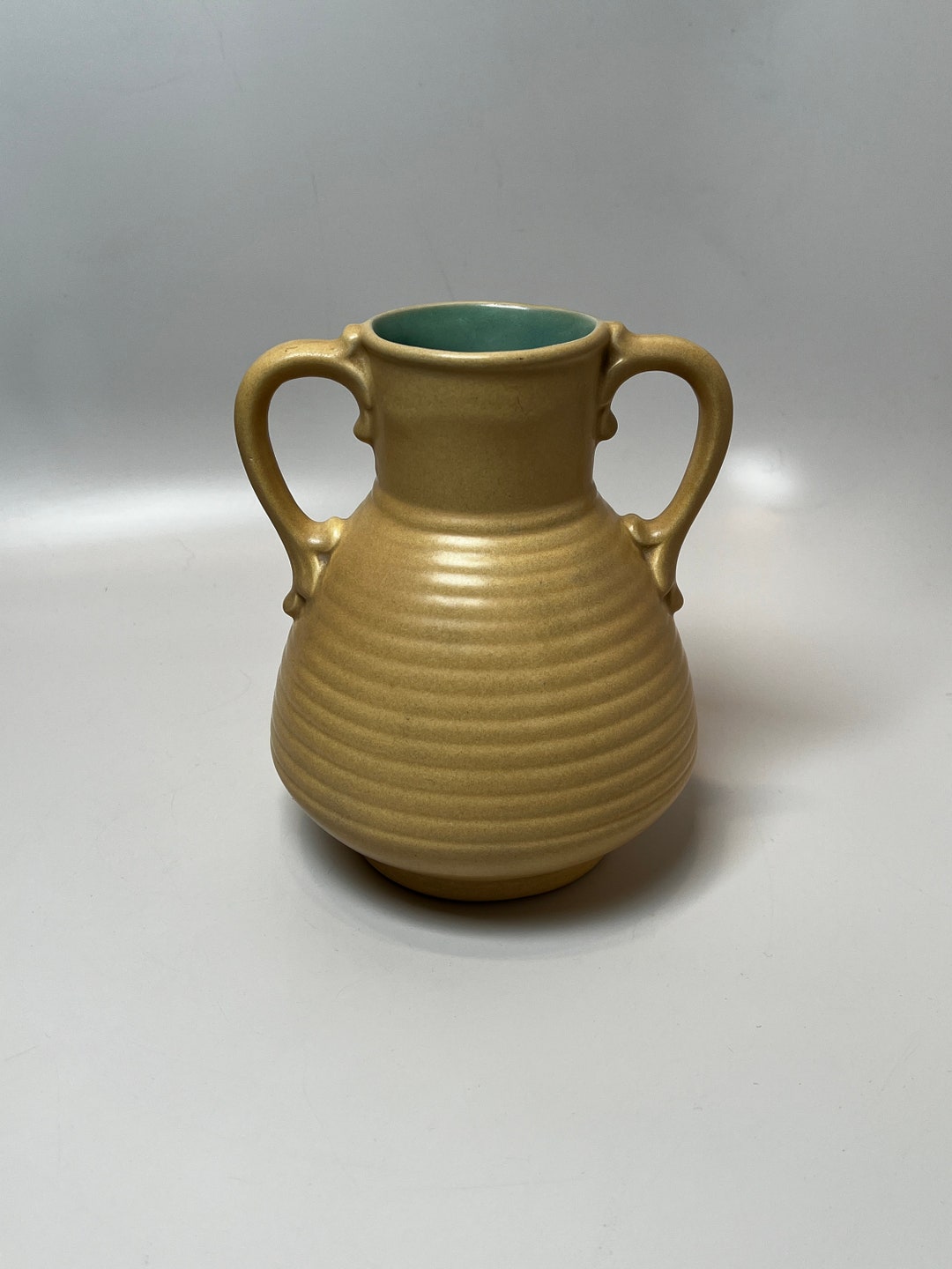 Vintage Rum Rill Pottery #587 Vase Yellow Vase With Aqua Interior - Etsy