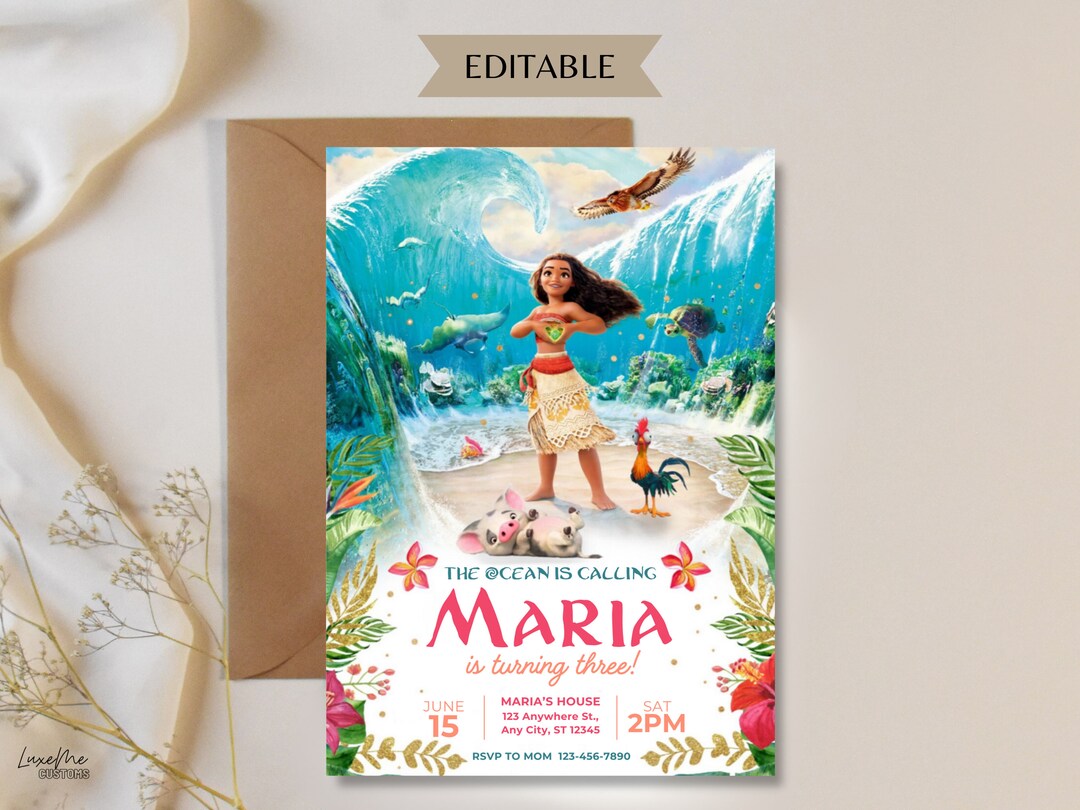Moana Birthday Invitation, Digital Editable Hawaiian Moana Birthday ...