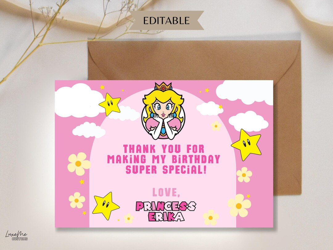 Princess Peach Super Mario Birthday Thank You Cards, Party Thank You ...