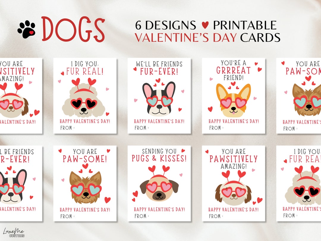 Dogs Valentines Day Card, Kids Party Card, Classroom Valentines Card ...