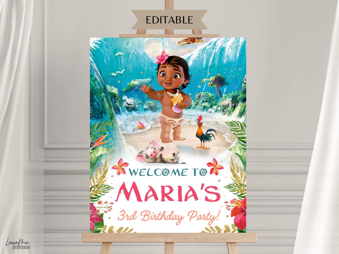 Baby Moana Welcome Sign, Moana Birthday Sign, Digital Editable Hawaiian ...