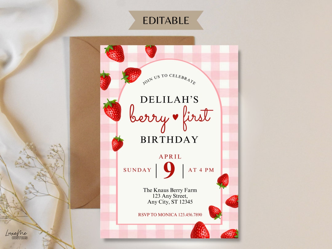Berry First Birthday Invitation, Digital Editable Strawberry Gingham ...