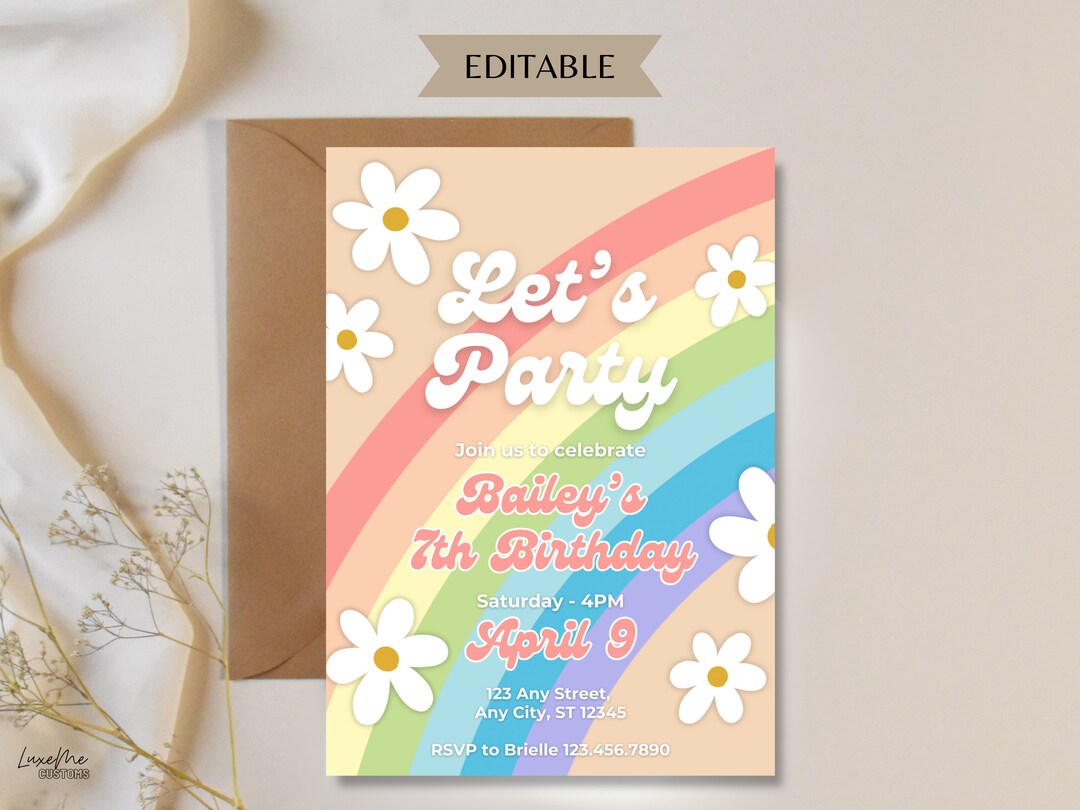 Daisy Pastel Rainbow Birthday Invitation, Daisy Flowers Colorful ...