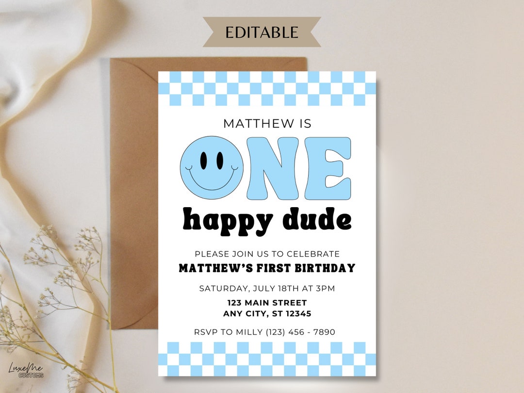 Blue One Happy Dude Birthday Invitation Template, Editable First ...