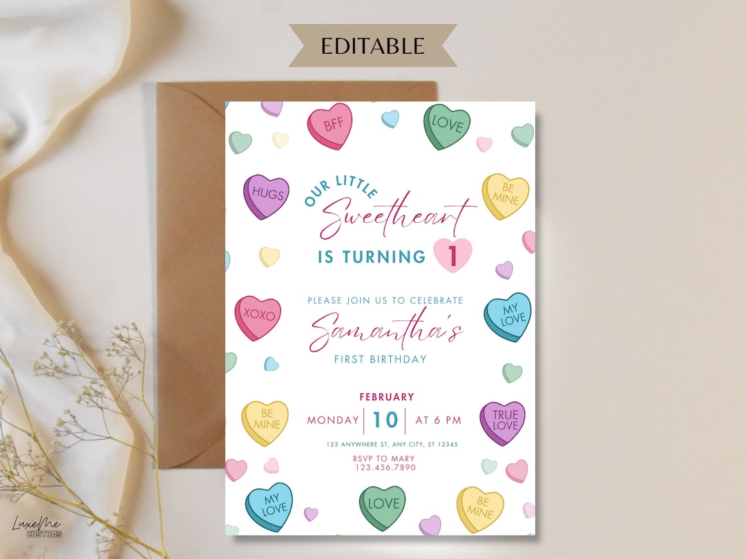Conversation Hearts Birthday Invitation, Sweetheart Birthday Invite ...