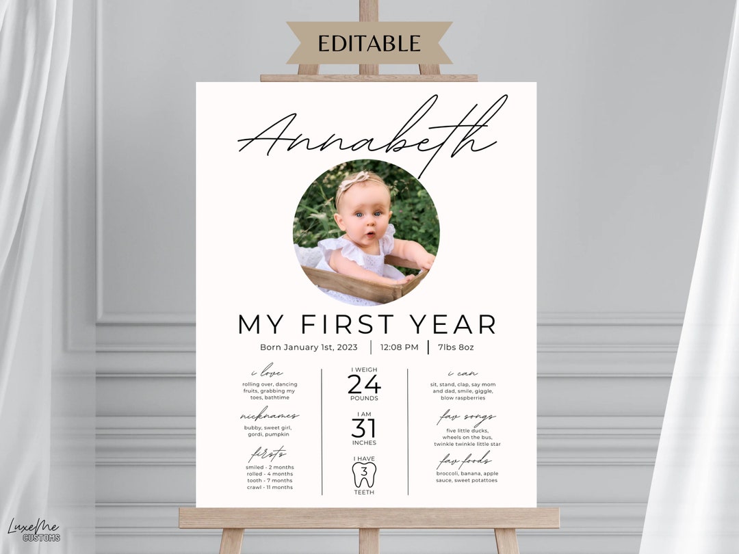 Modern Birthday Milestone Board, Baby Birthday Stats, My First Year ...