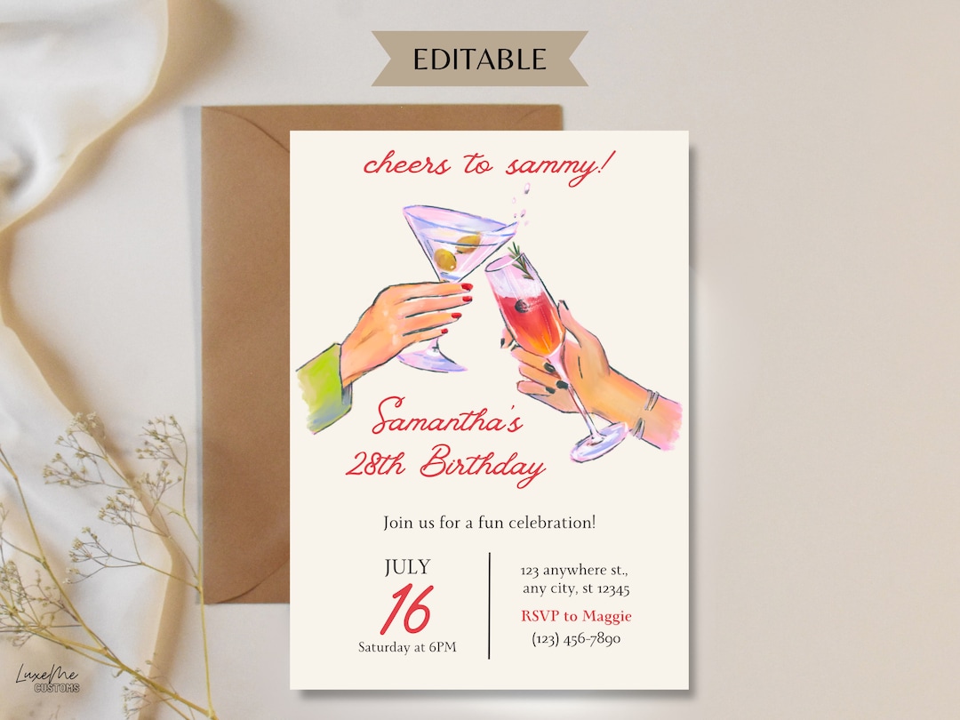 Fun Drinks Birthday Party Invitation, Hand Drawn Scribble Cocktail ...
