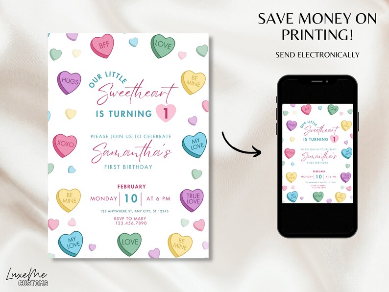 Conversation Hearts Birthday Invitation, Sweetheart Birthday Invite ...