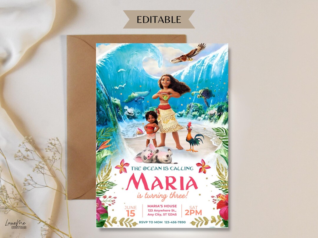 Moana Simea Birthday Invitation, Digital Editable Hawaiian Moana ...