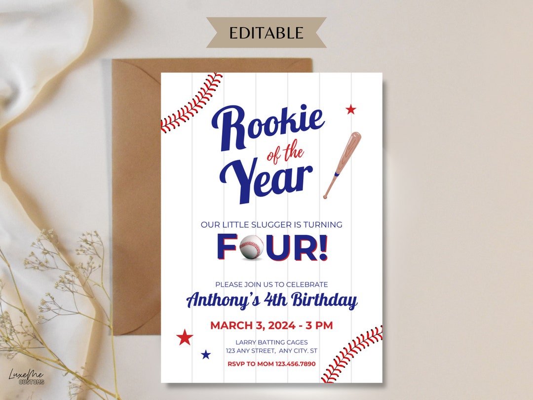 Rookie of the Year Birthday Invitation, Editable Baseball Sports Invite ...
