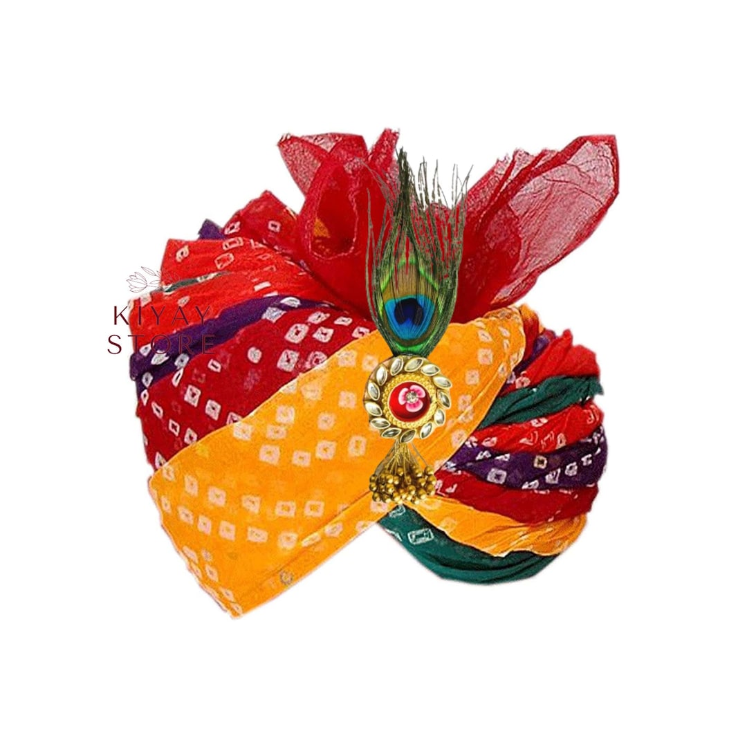 Bandhej Design Welcome Pagdi for Indian Men Turban With Peacock Feather ...