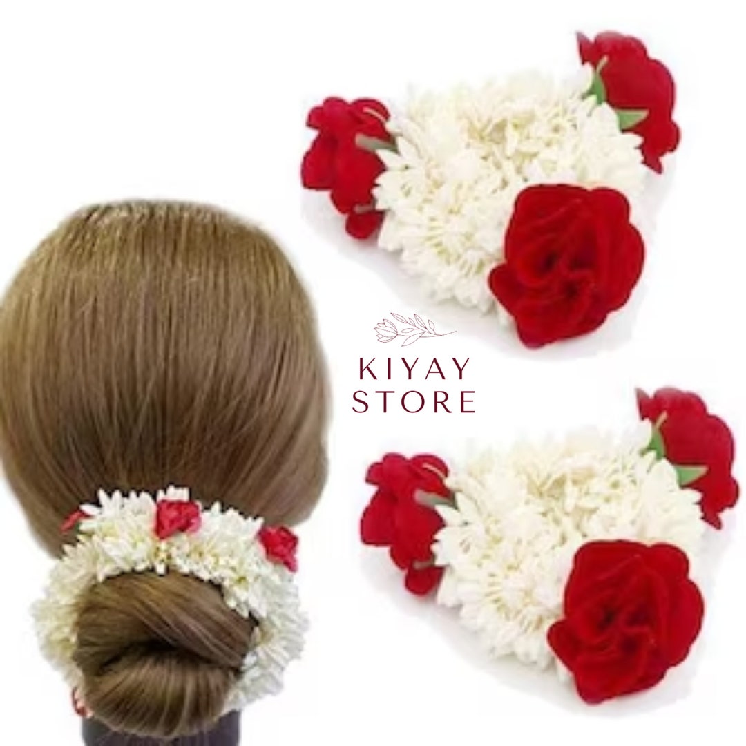 Artificial White Jasmine With Red Rose Gajra Hair Mogra Scented Rubber ...