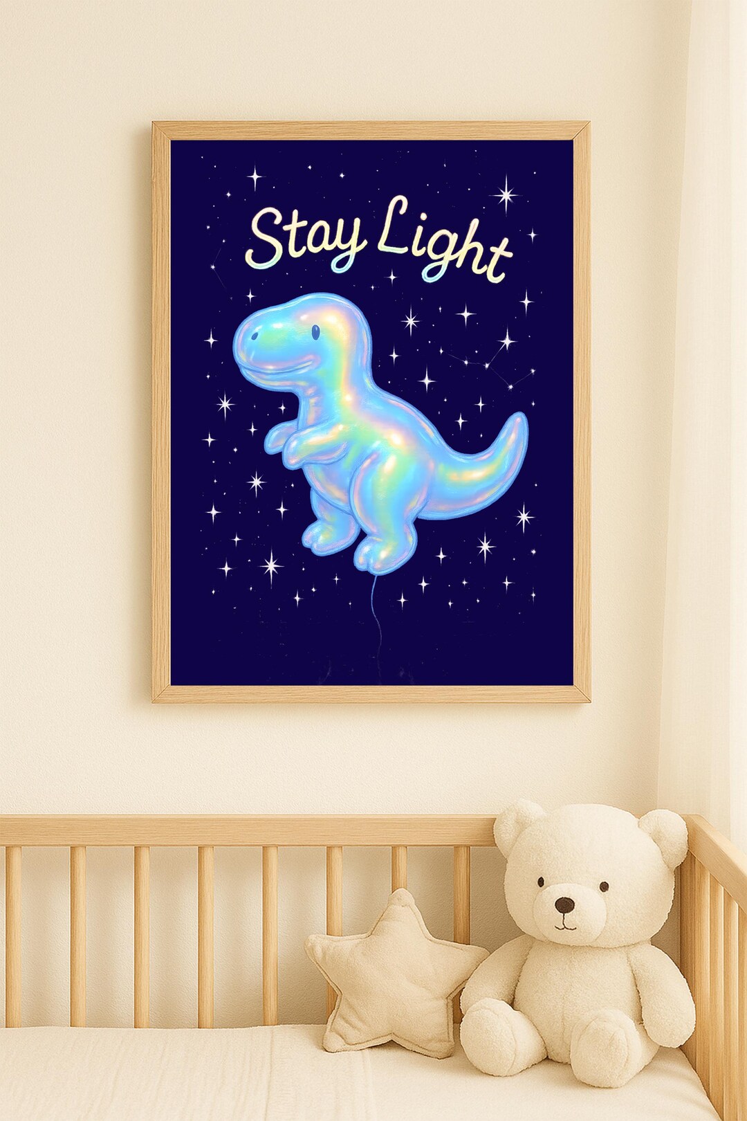 Stay Light Dinosaur Wall Art Print,holographic Style Pastel Dino Poster ...